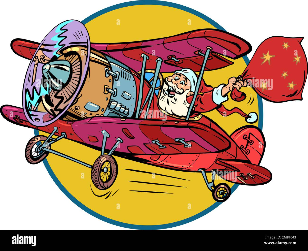 Santa claus with gifts flies on a retro plane emblem symbol yellow ...