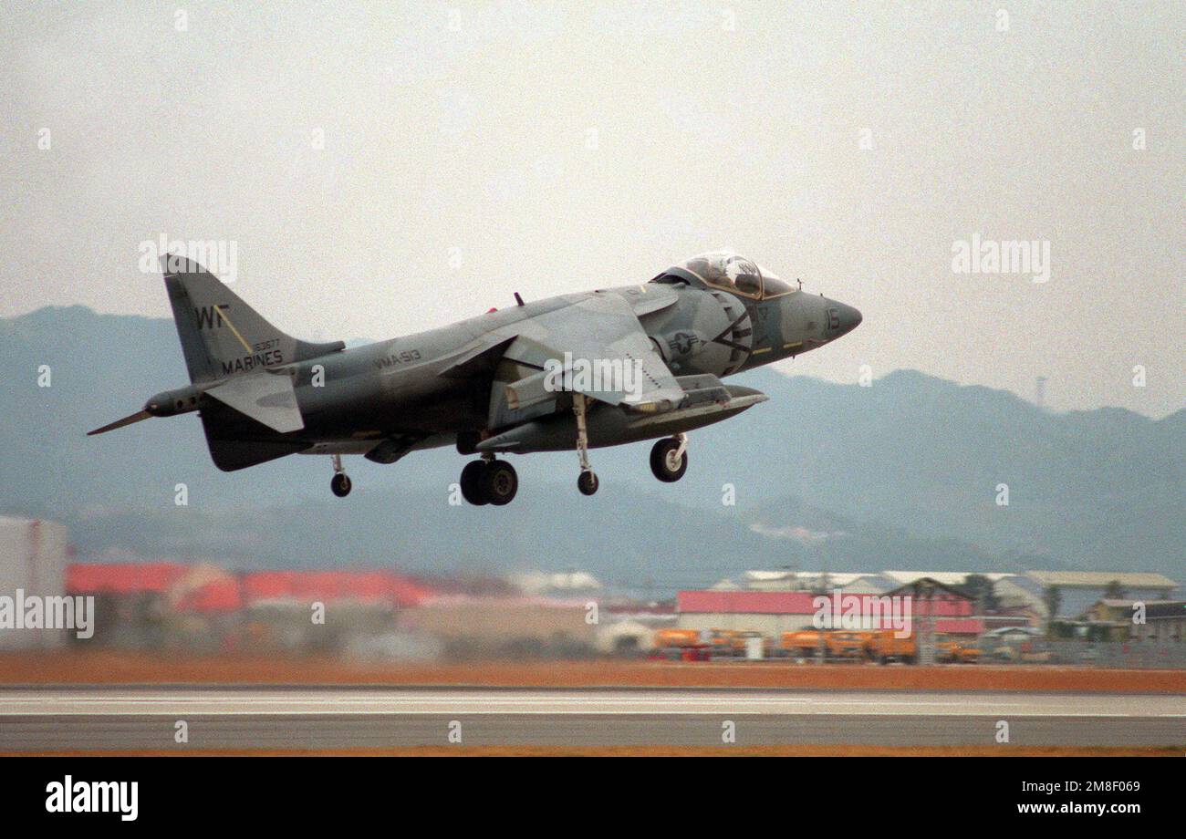 A Marine Attack Squadron 513 (VMA-513) AV-88 Harrier aircraft takes off on a training flight ...