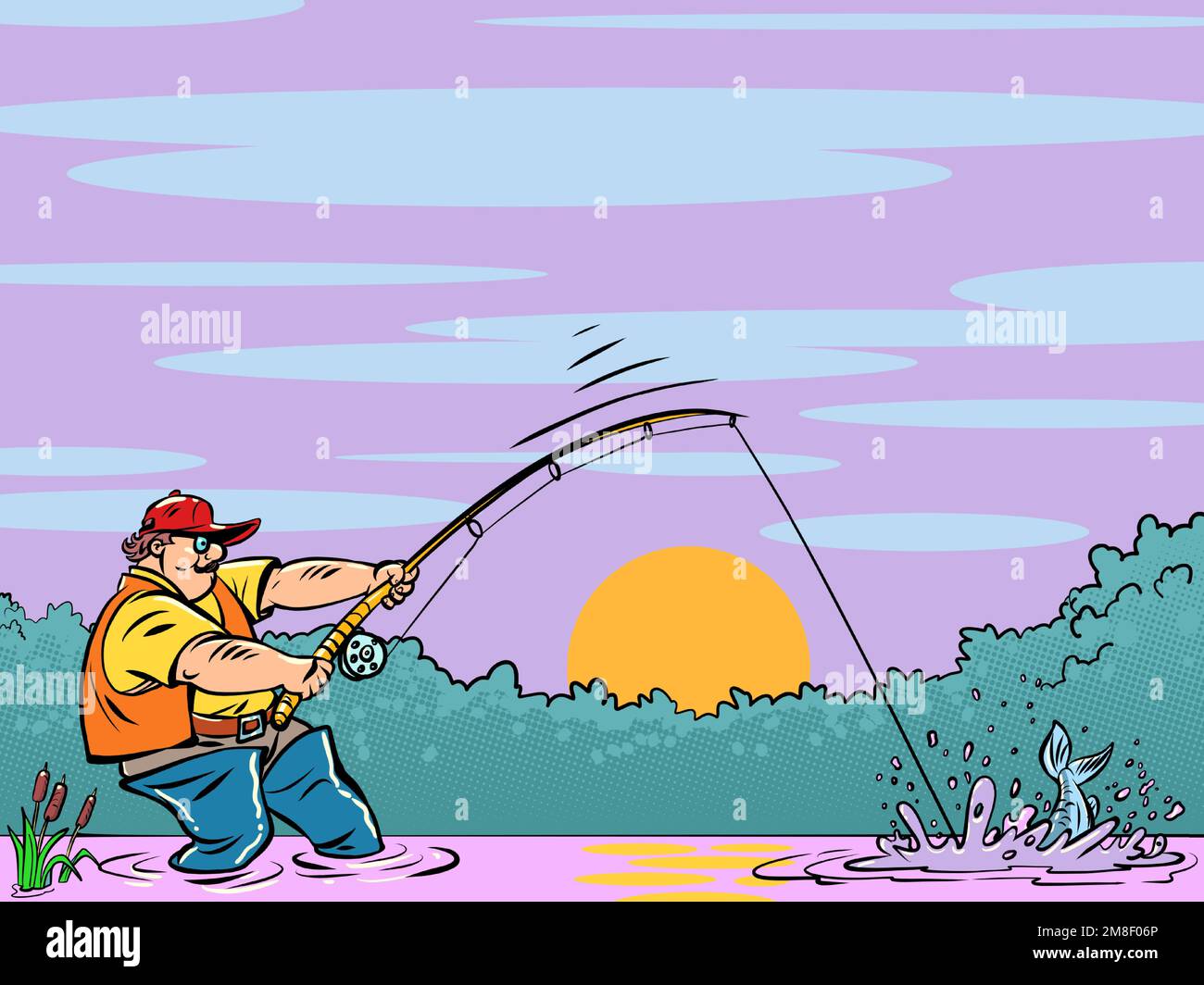 a male fisherman pulls a fish, a successful bite, a rest in nature by ...