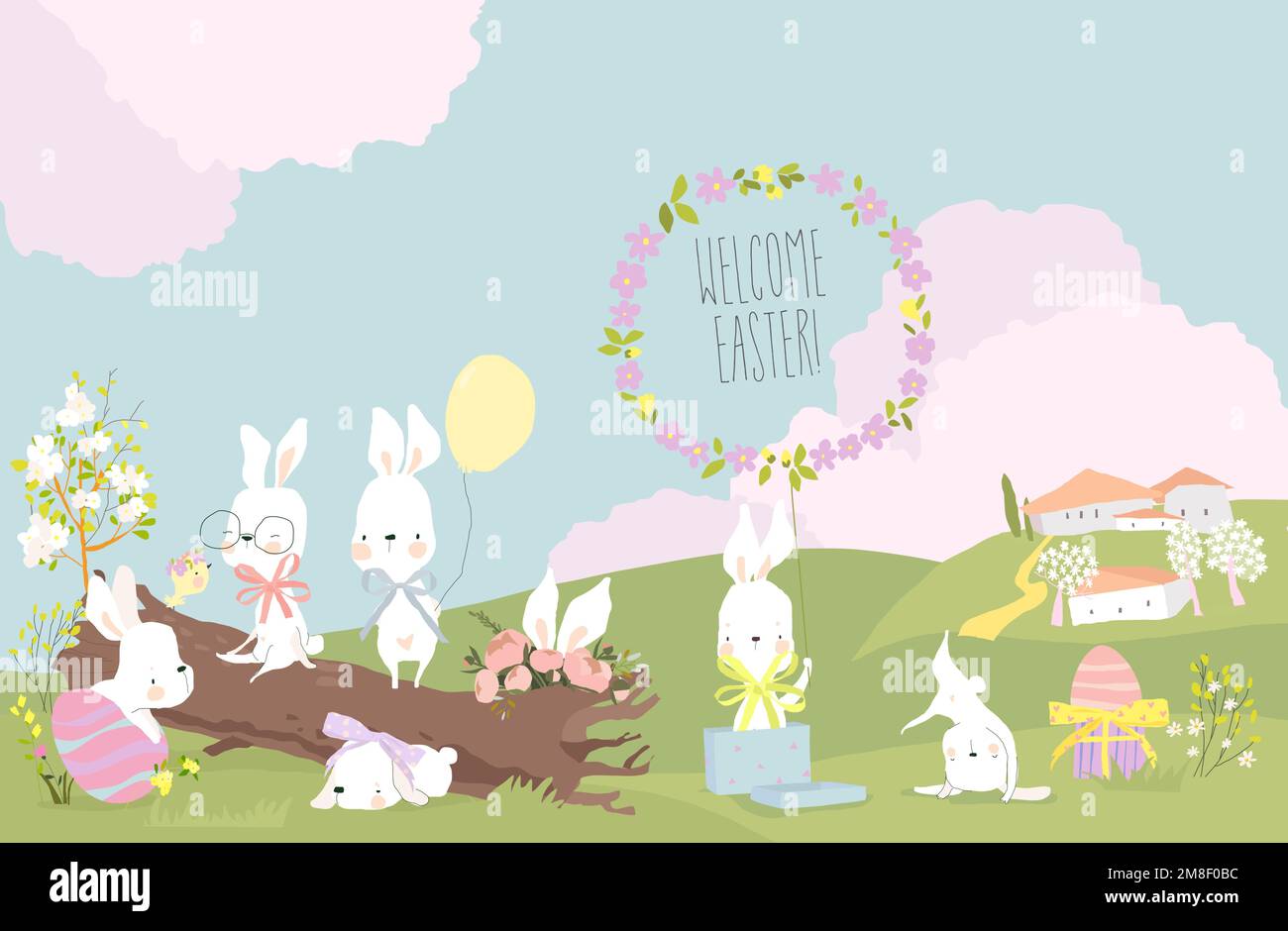 Cute Cartoon Bunnies celebrating Easter on Spring Meadow Stock Vector ...