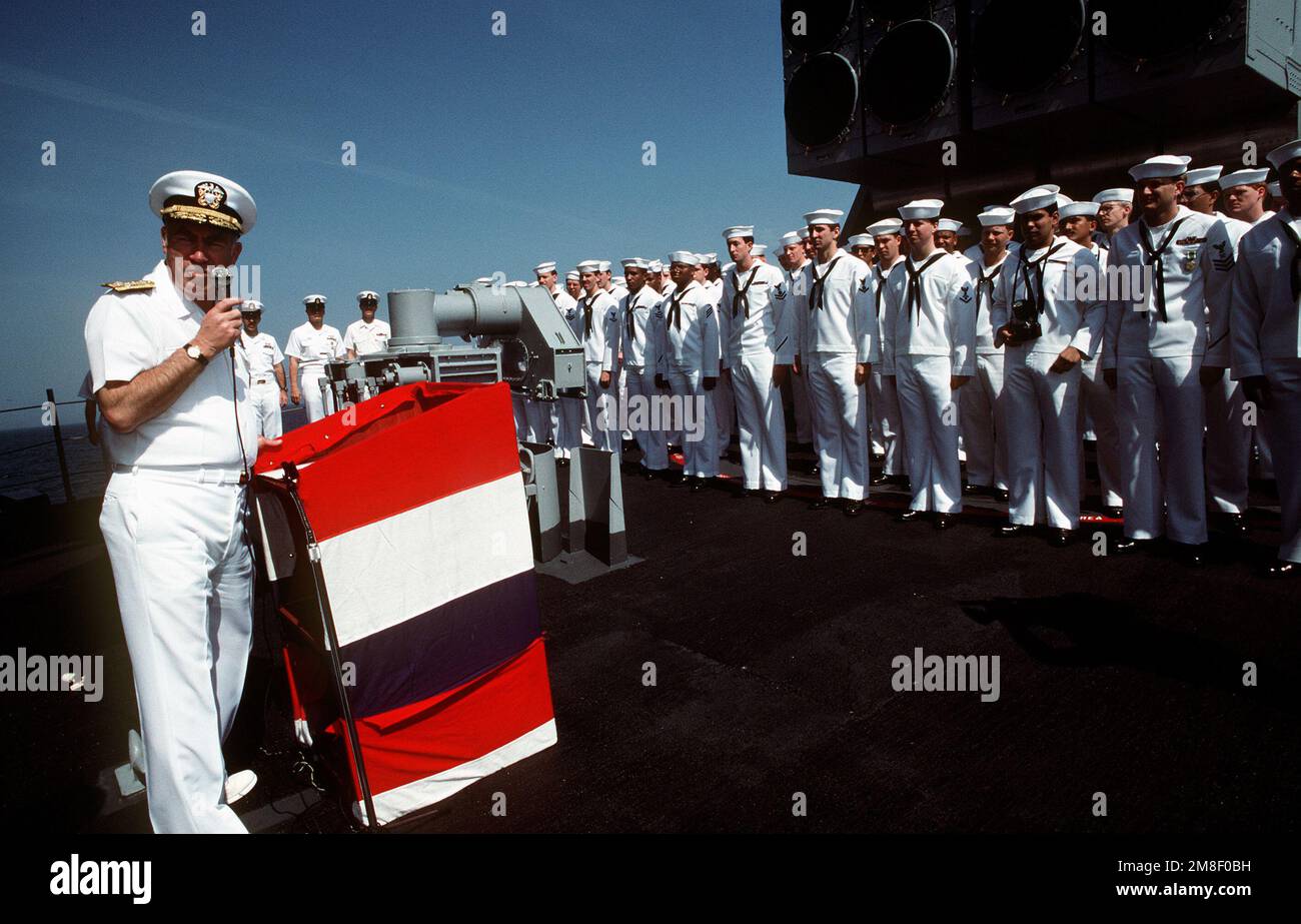 CHIEF of Naval Operations Adm. Frank B. Kelso II addresses the crew of ...