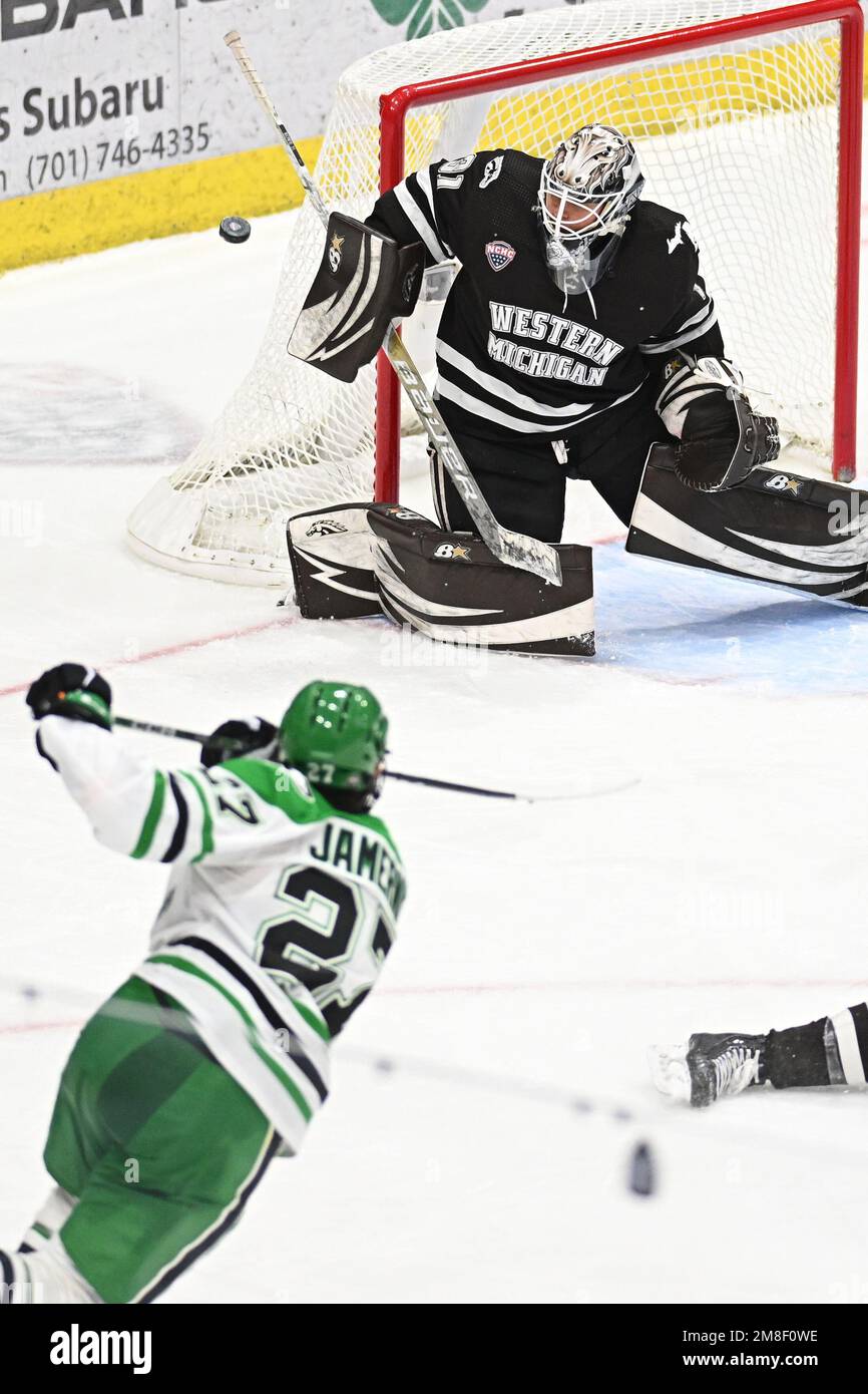 North Dakota Fighting Hawks forward Louis Jamernik V (27) shoots on ...