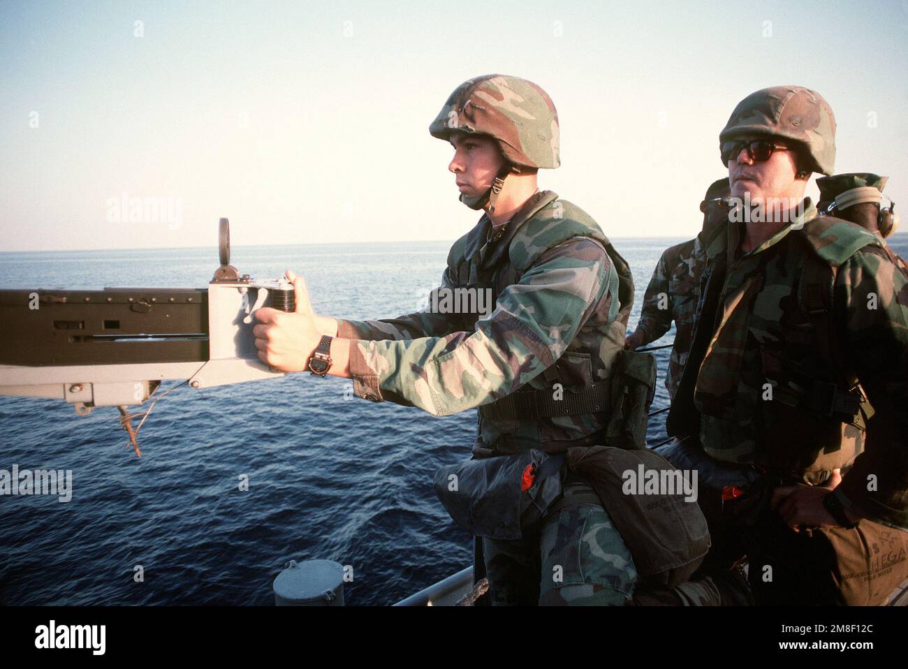 A member of the Marine detachment aboard the battleship USS WISCONSIN ...