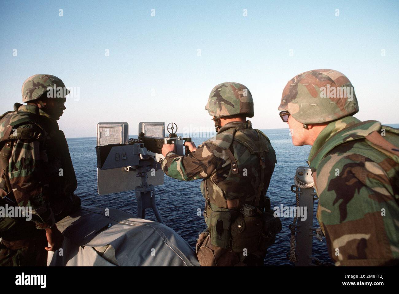 A member of the Marine detachment aboard the battleship USS WISCONSIN ...