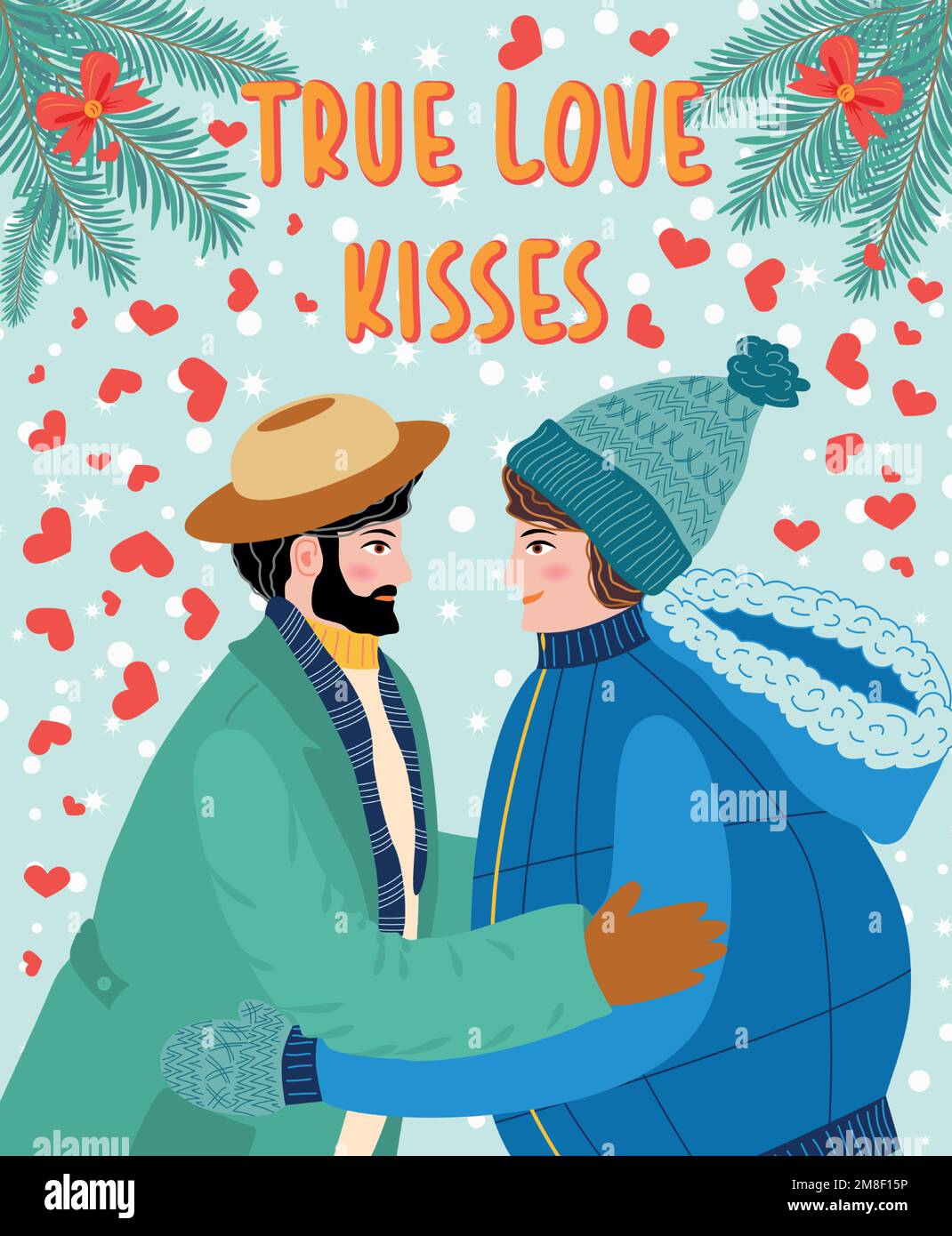 Flat hand drawn valentines day greeting card. Loving couple of young ...