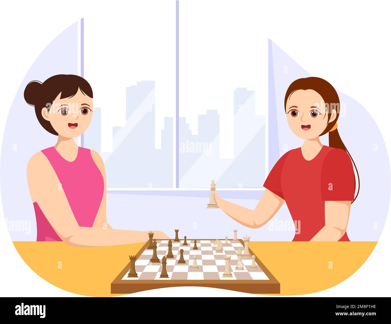 Chess Board Game Illustration with People Sitting Opposite and Playing ...