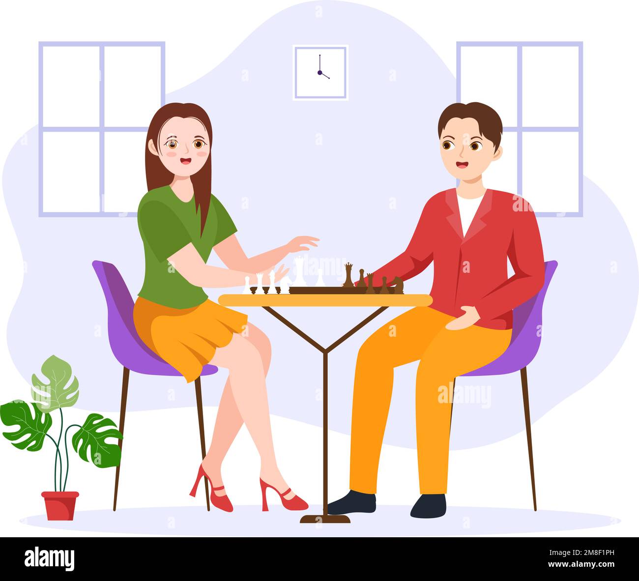 Chess Board Game Illustration with People Sitting Opposite and Playing ...