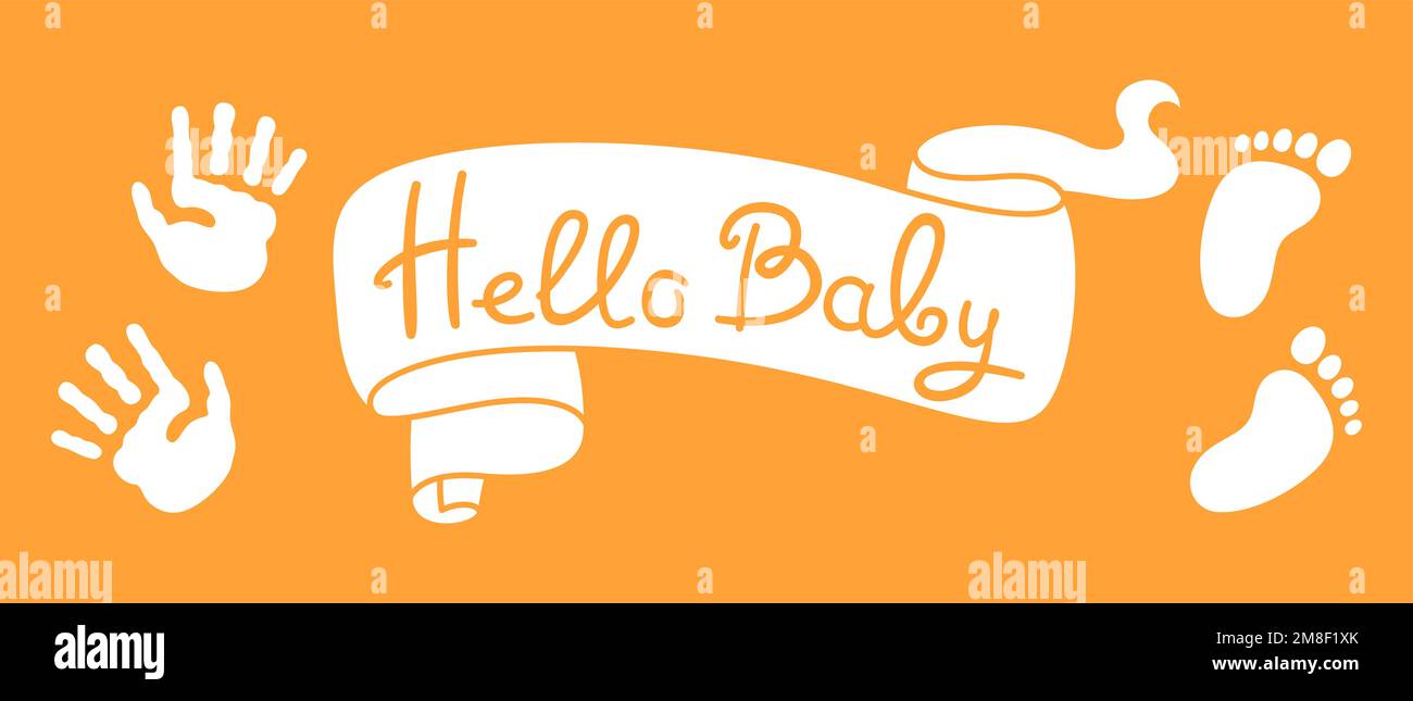 Hello baby ribbon with simple stamp imprint foot and hand. Cute ...