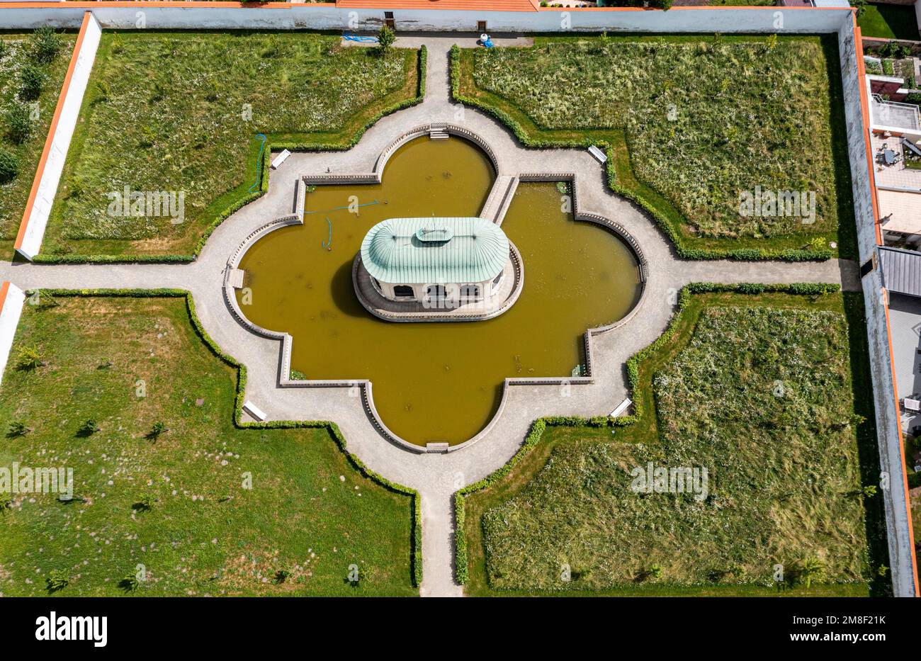 Aerial of the botanical gardens, Unesco site Gardens and Castle at ...