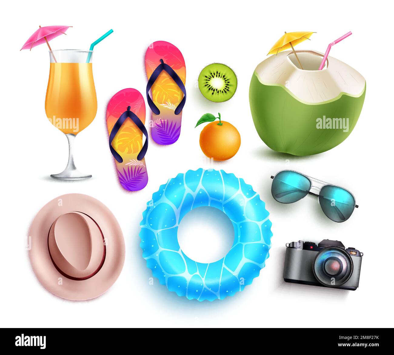 Summer element vector set. Summer 3d object like floater, camera and ...