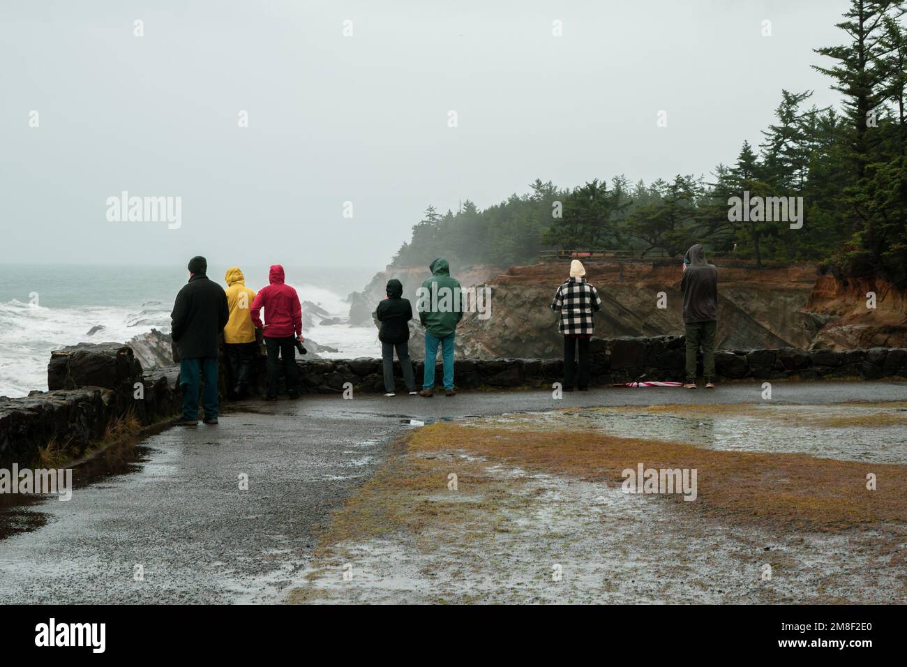 Tourists watch winter storm and waves at Shore Acres State Park Stock ...
