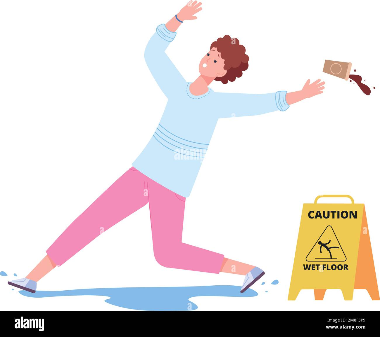 Young woman drop coffee cup after slipping on wet floor isolated on ...