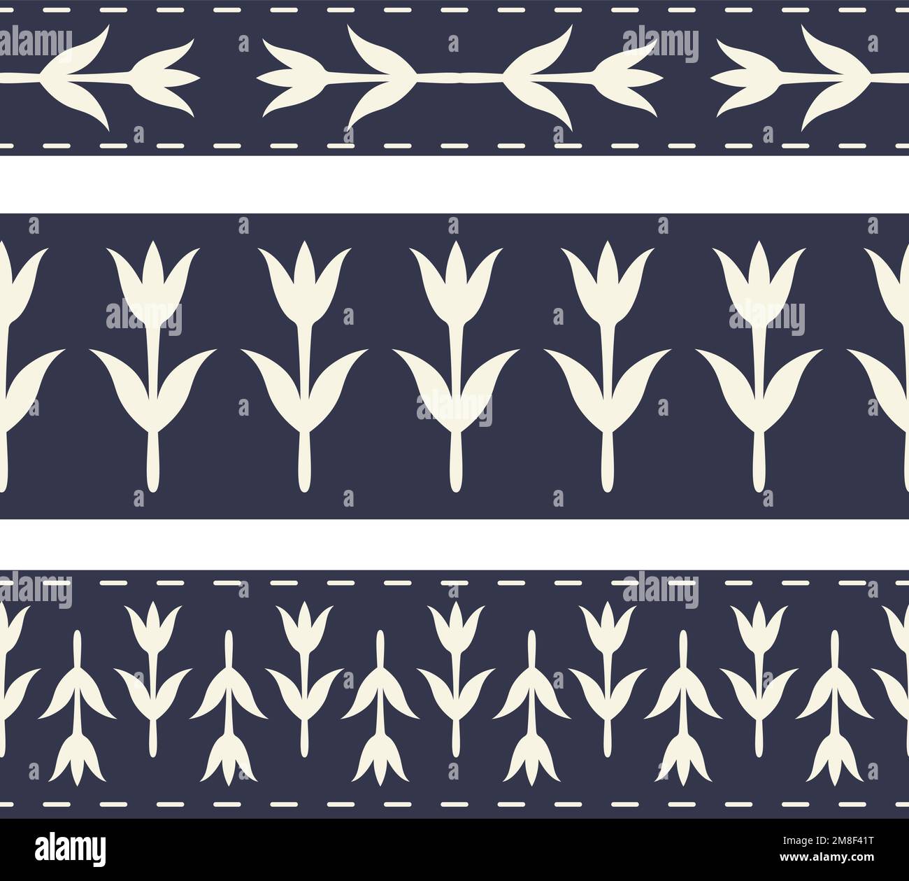 Indigo seamless floral border. Geometric flowers motif, ecru on navy ...