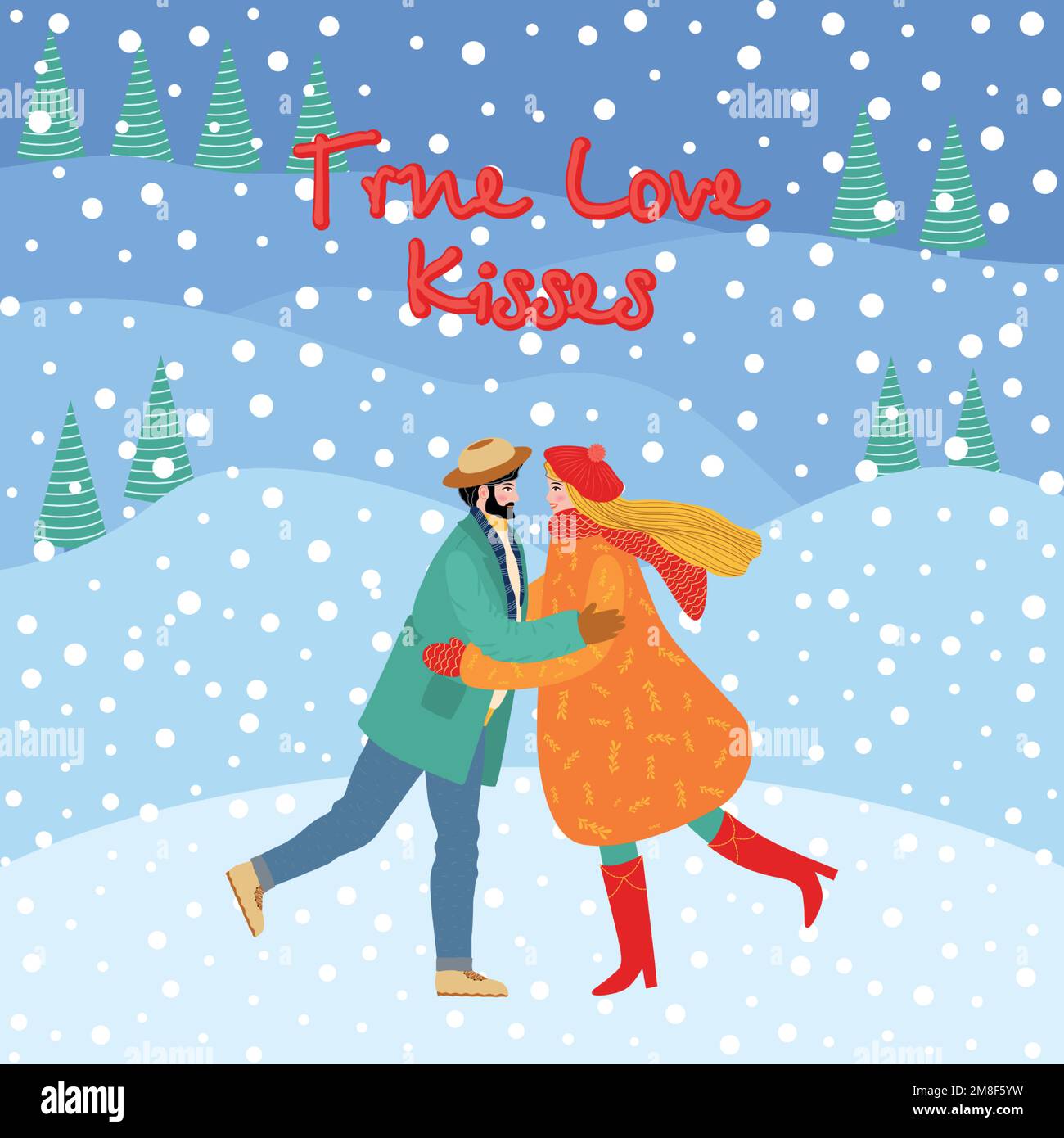 Flat hand drawn valentines day greeting card. Loving couple of young ...