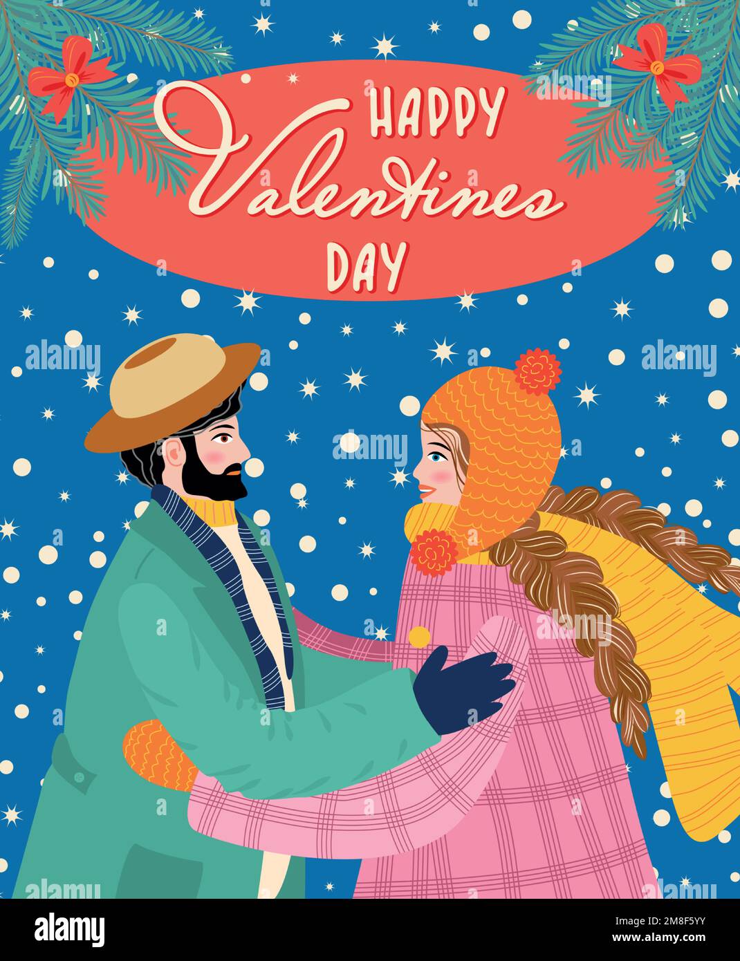 Flat hand drawn valentines day greeting card. Loving couple of young ...