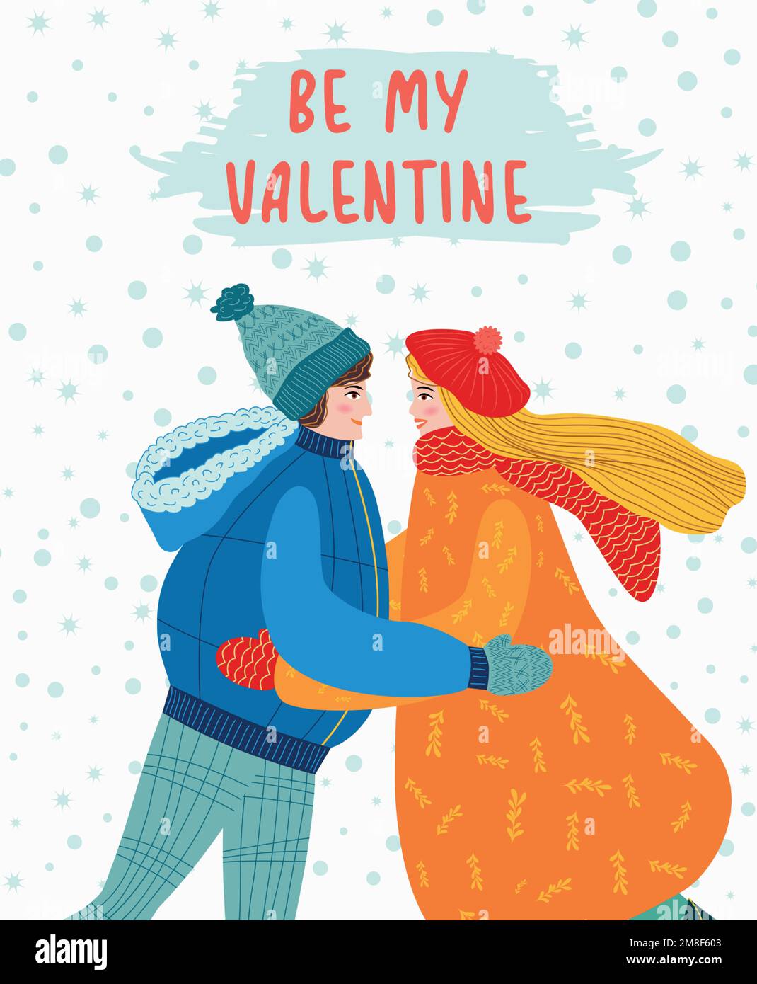 Flat hand drawn valentines day greeting card. Loving couple of young ...