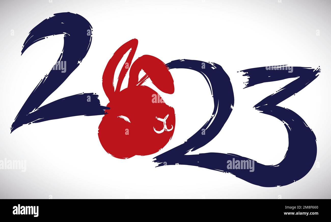 Design in brushstroke style with blue 2023 number and red bunny ...