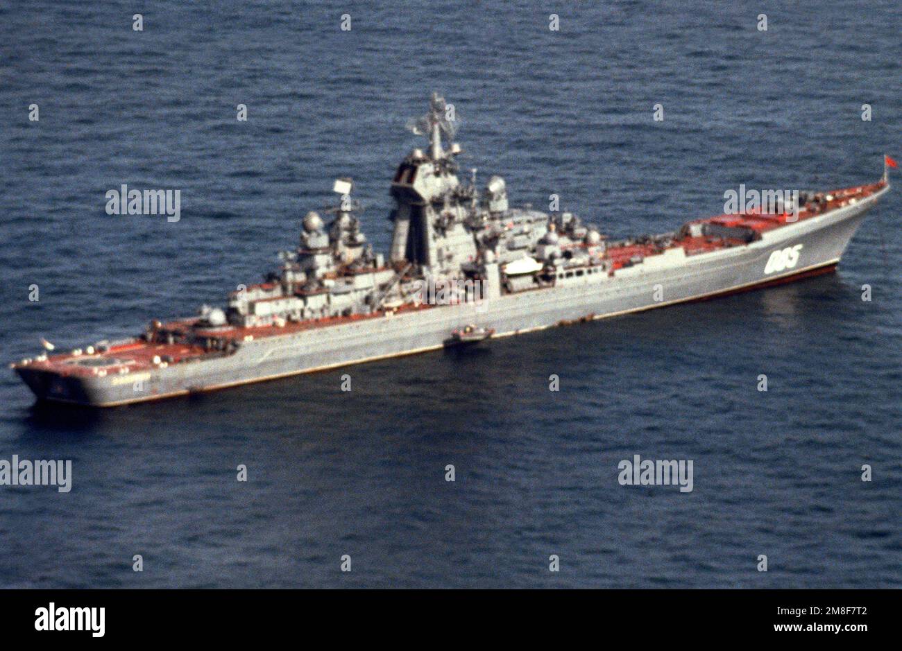 A starboard quarter view of the Soviet Kirov class nuclear-powered ...