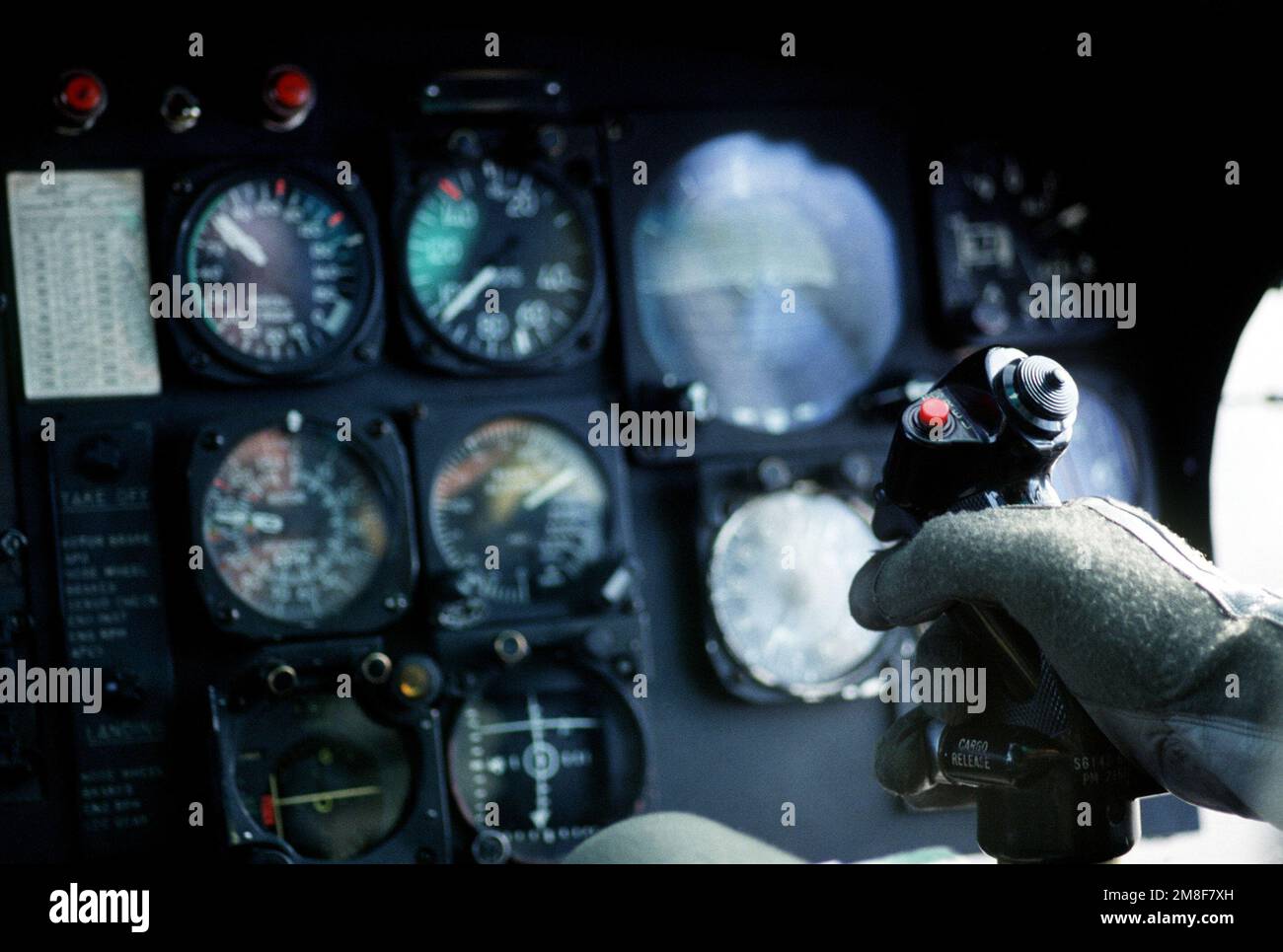 A pilot handles the cyclic pitch control column in the cockpit of a ...