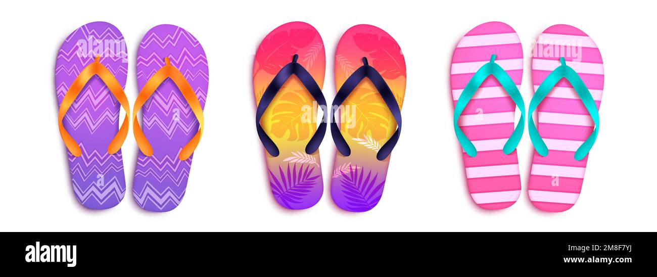 Summer flip flop vector set. Slipper footwear elements with stripes and leaves in colorful ...