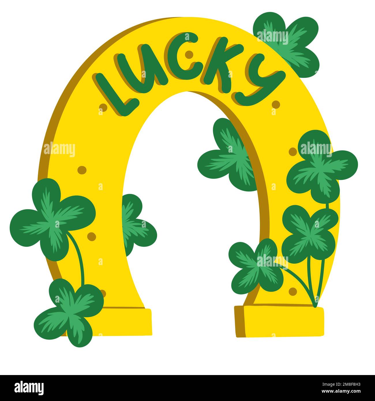 Hand drawn illustration of horseshoe with four leaf clover shamrock. St ...