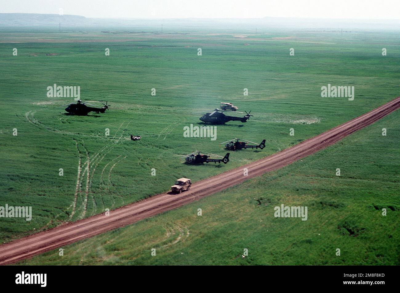 French SA-342 Gazelle helicopters, foreground, and AS-532 Super Puma ...