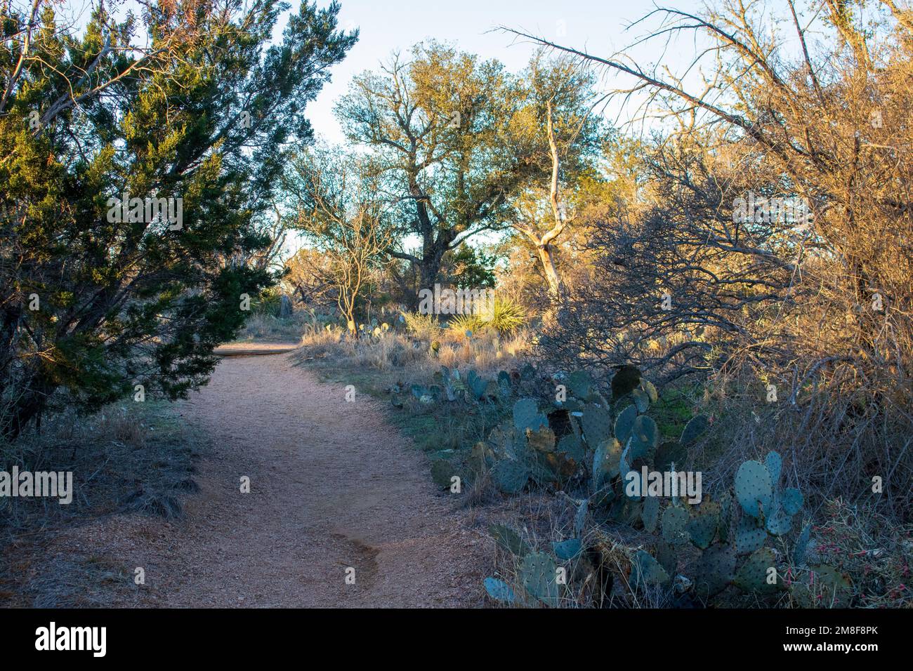 A granite hiking trail leads through the park as the sunsets cast light ...