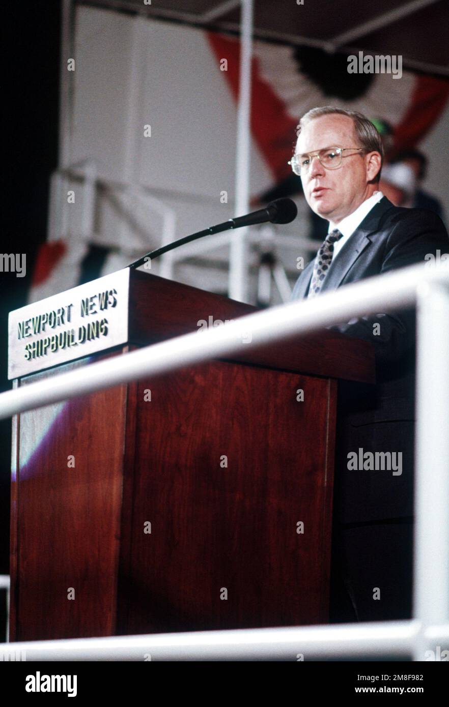 Secretary of the Navy H. Lawrence Garrett III speaks at the christening ...