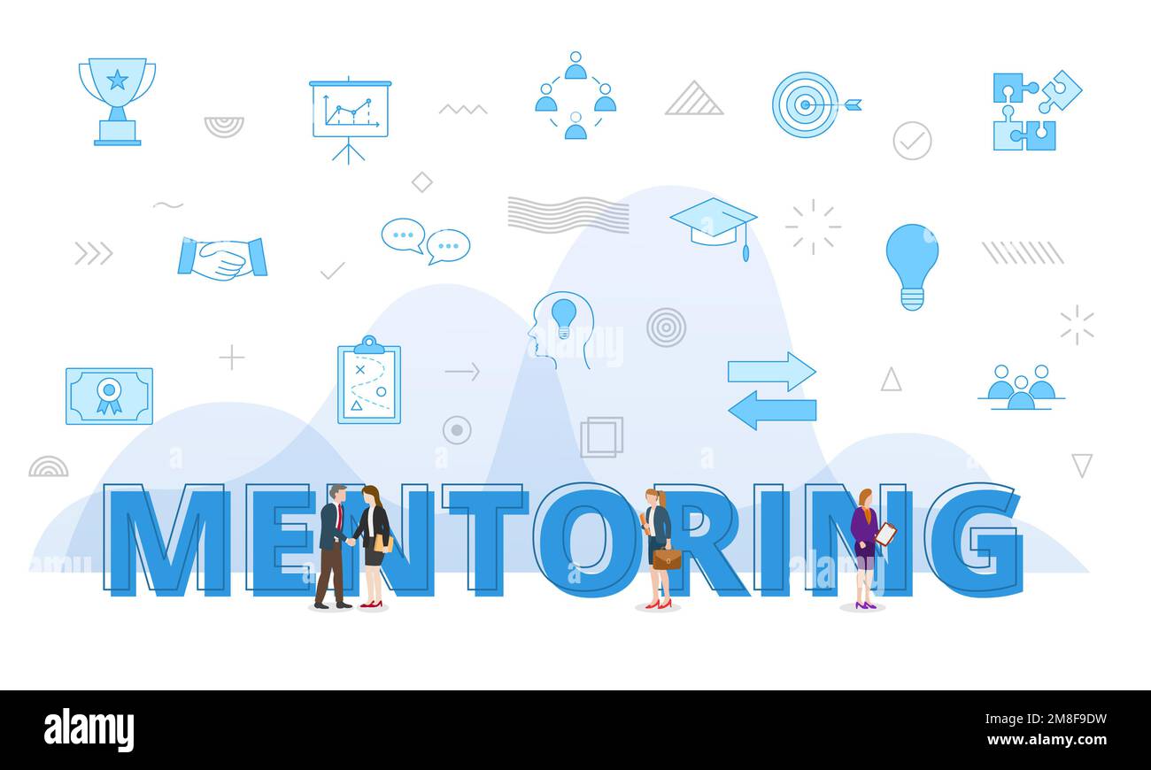 mentoring concept with big words and people surrounded by related icon ...