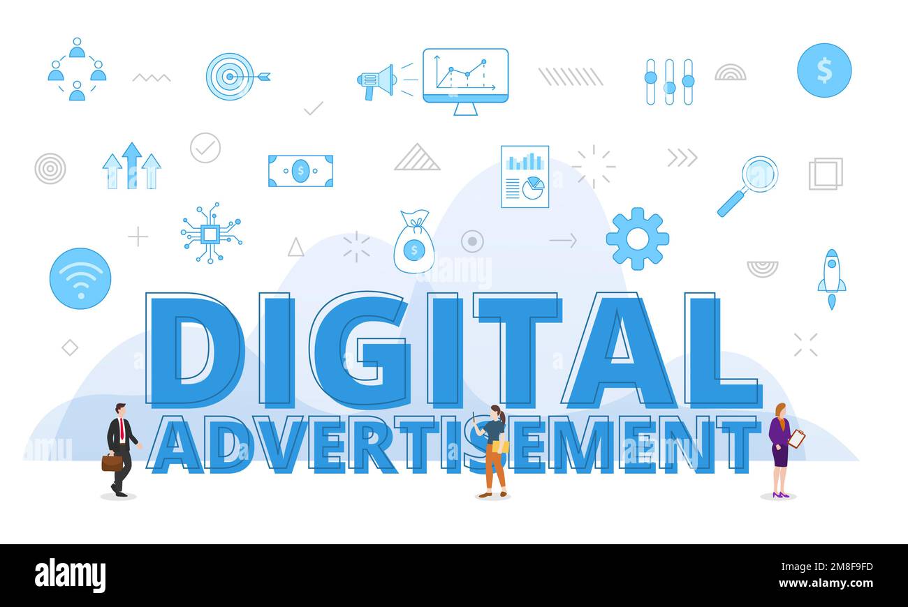 digital advertisement concept with big words and people surrounded by ...