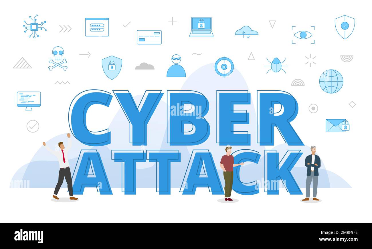 cyber attack concept with big words and people surrounded by related ...