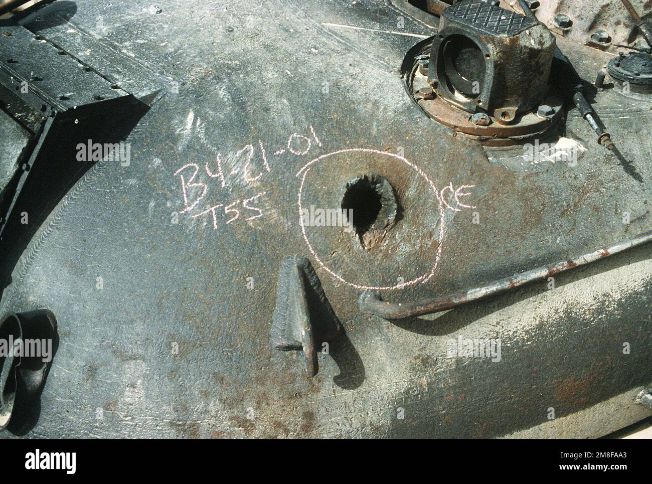 A close-up view of the turret of an Iraqi T-55 main battle tank ...