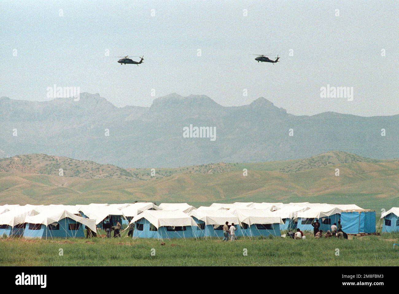 U.S. Army UH-60 Black Hawk (Blackhawk) helicopters patrol over a ...