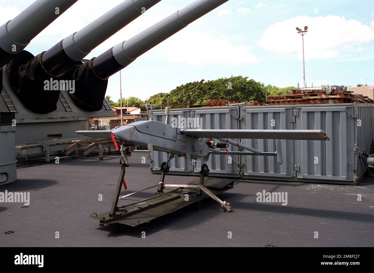 A Pioneer remotely piloted vehicle (RPV) is displayed aboard the ...