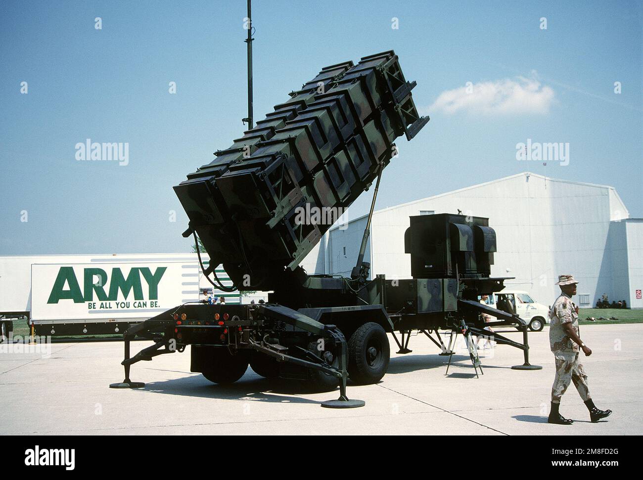 A right rear view of an M-901 launching station for the Patriot missile ...