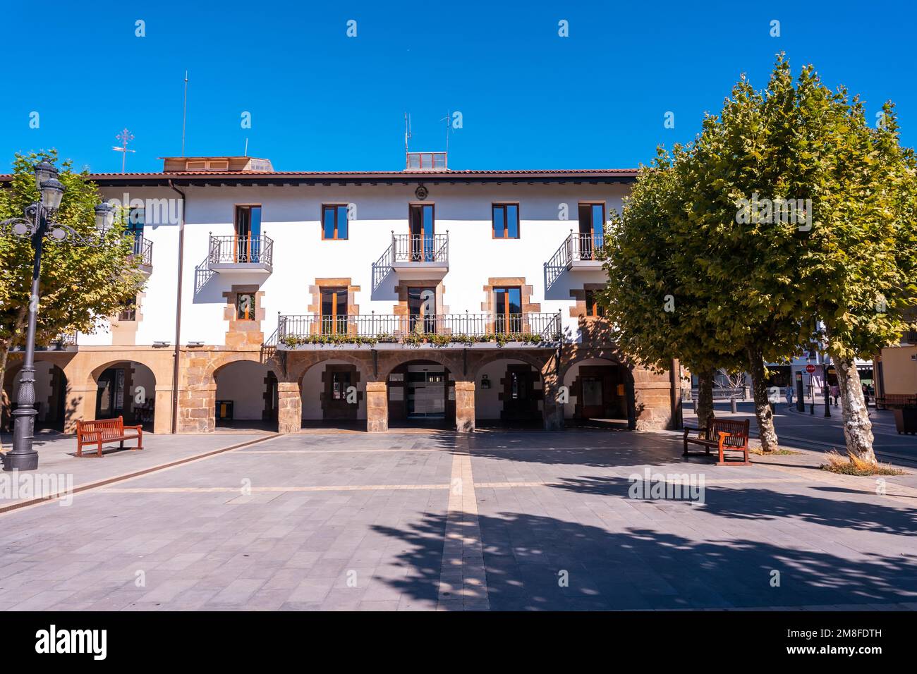 A view of Lazkao town hall building next to the municipalities of ...