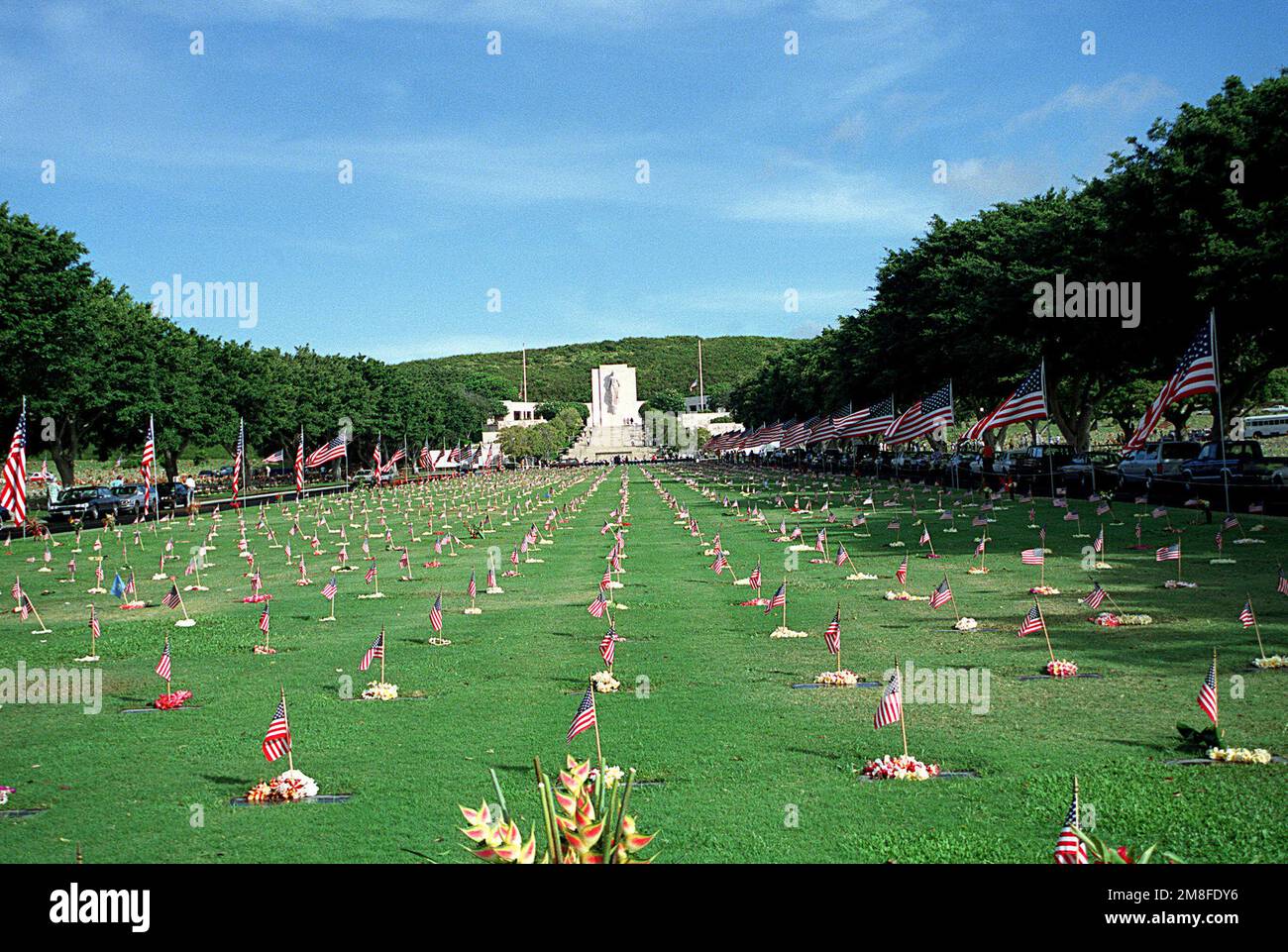 Flags and flower leis adorn each grave in the National Memorial ...