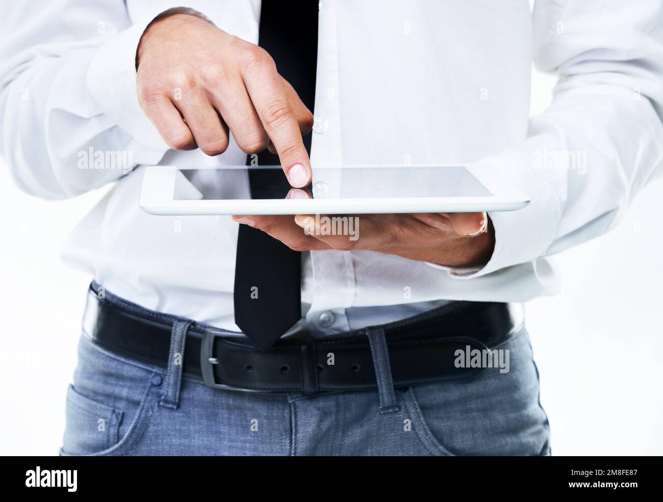 The world at your fingertips. Close up of a man touching his touch ...