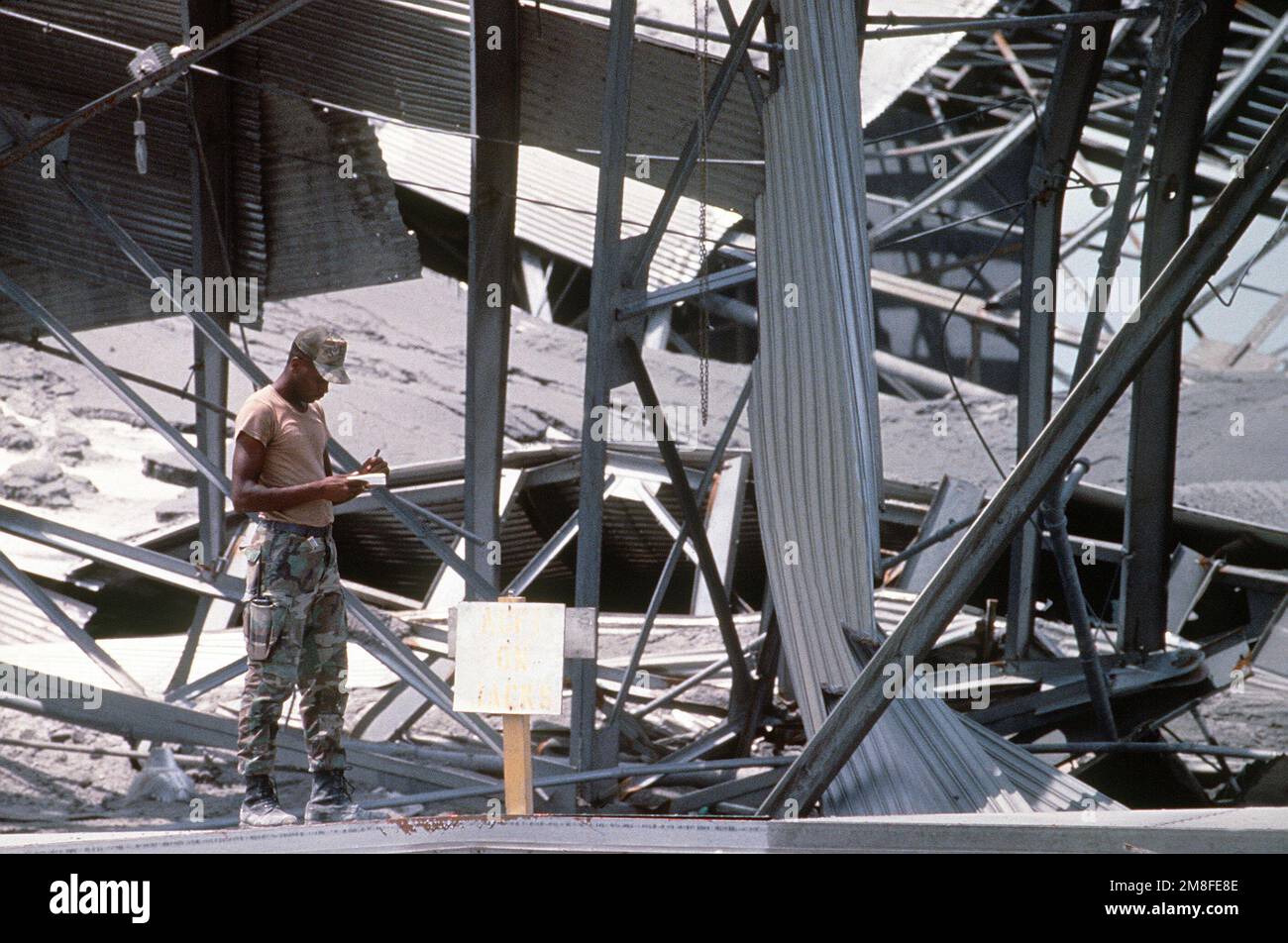 A U.S. serviceman takes notes on the damage in the aftermath of Mount ...
