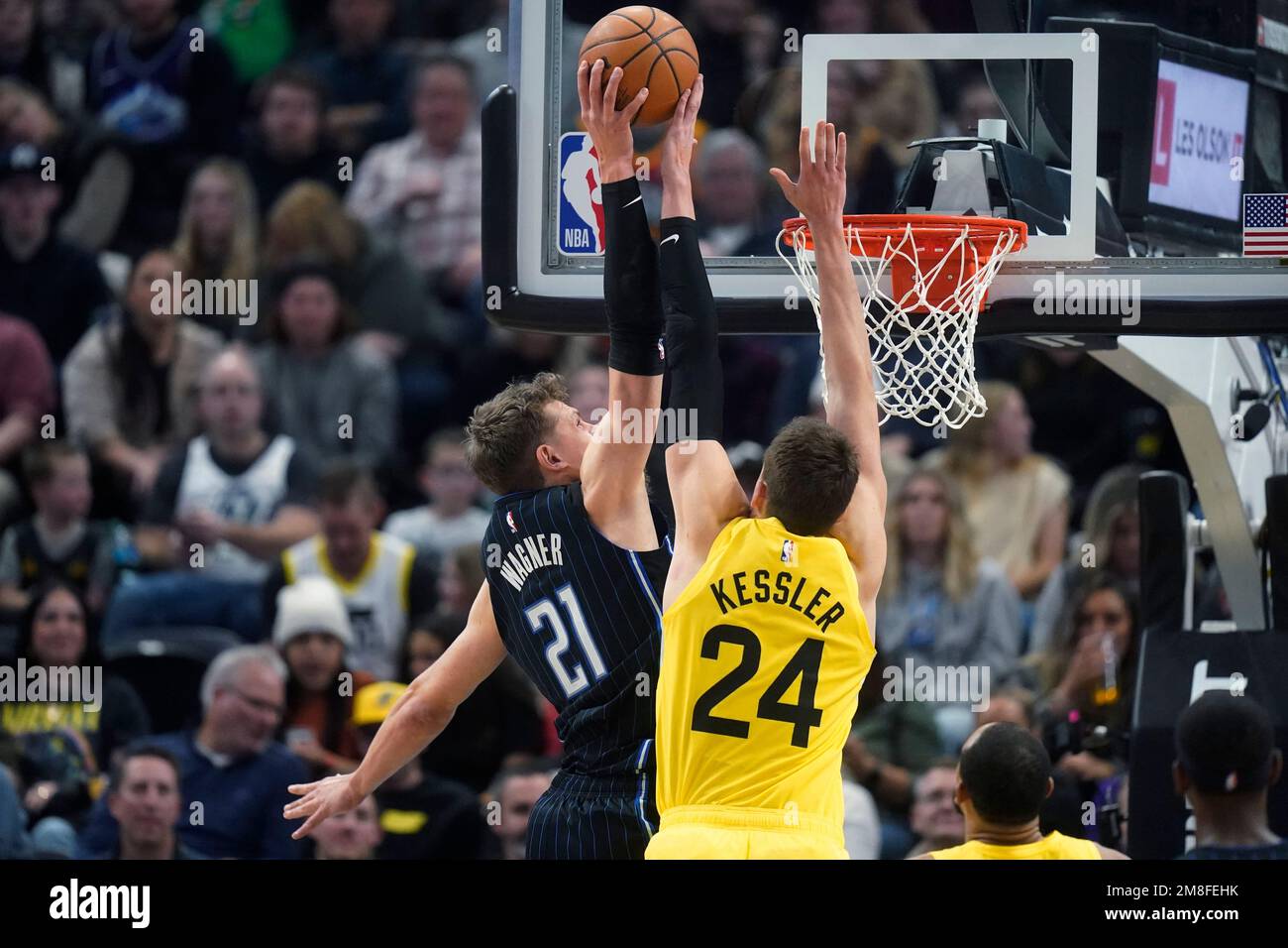 Utah Jazz center Walker Kessler (24) defends against Orlando Magic ...