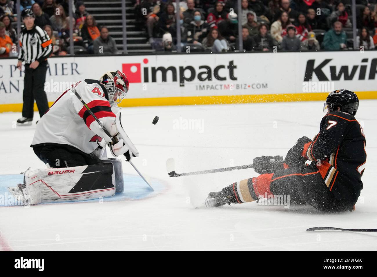 Anaheim Ducks center Jayson Megna (7) shoots while sliding in to New ...