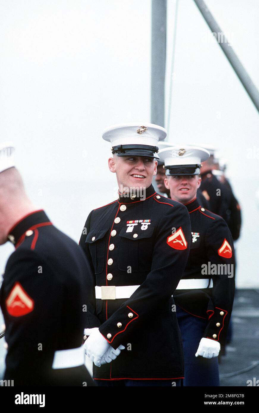 Members of the Marine detachment aboard the aircraft carrier USS RANGER ...