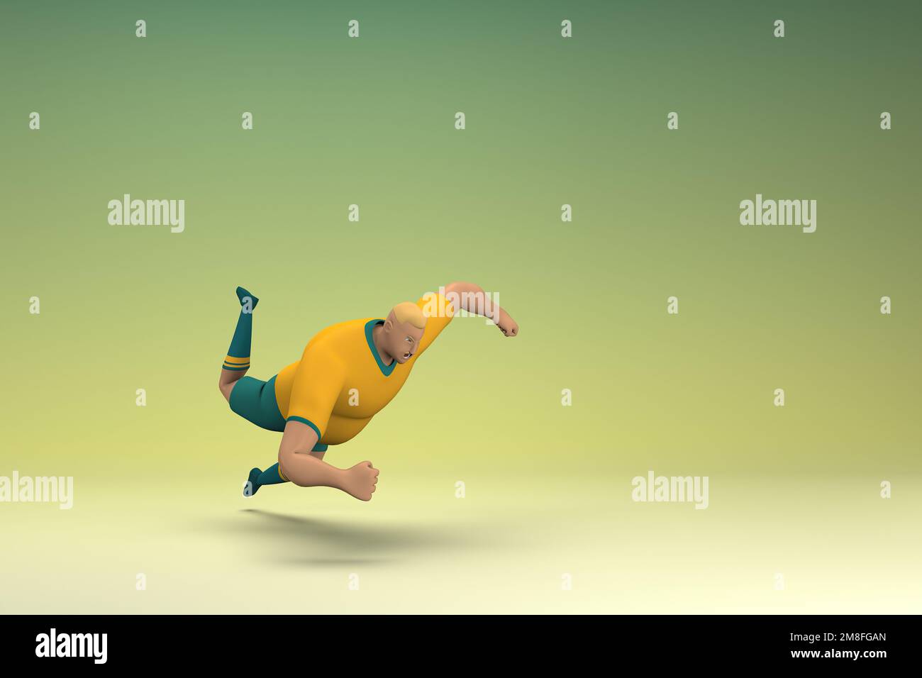 An athlete wearing a yellow shirt and green pants. He is falling down ...