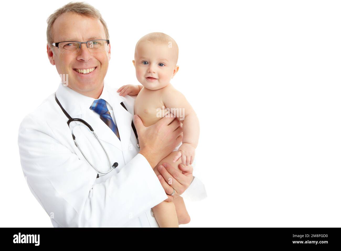 Portrait, doctor and man with baby in studio isolated on a white ...