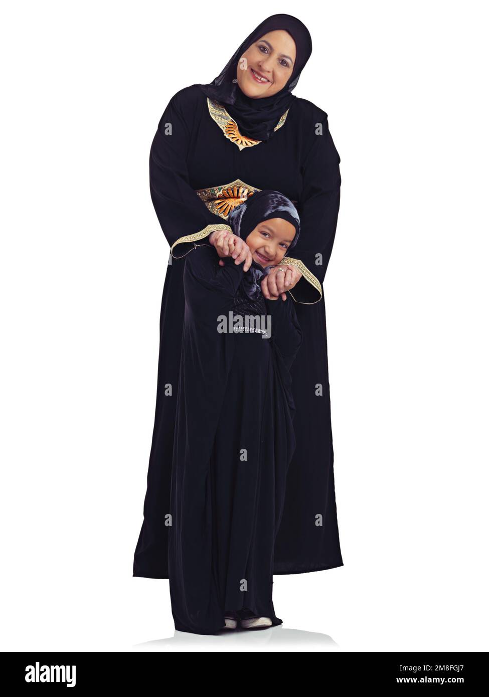 Islam, body portrait of mother and child happy in hijab together and ...