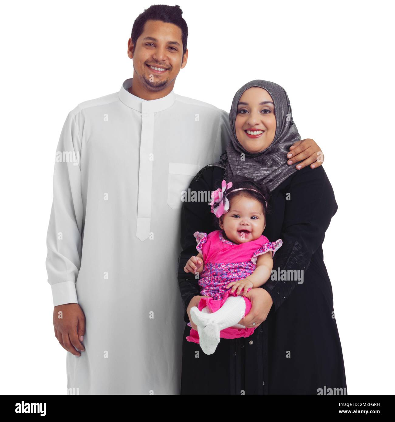 Muslim family, portrait and parents with a baby in studio for Islam ...