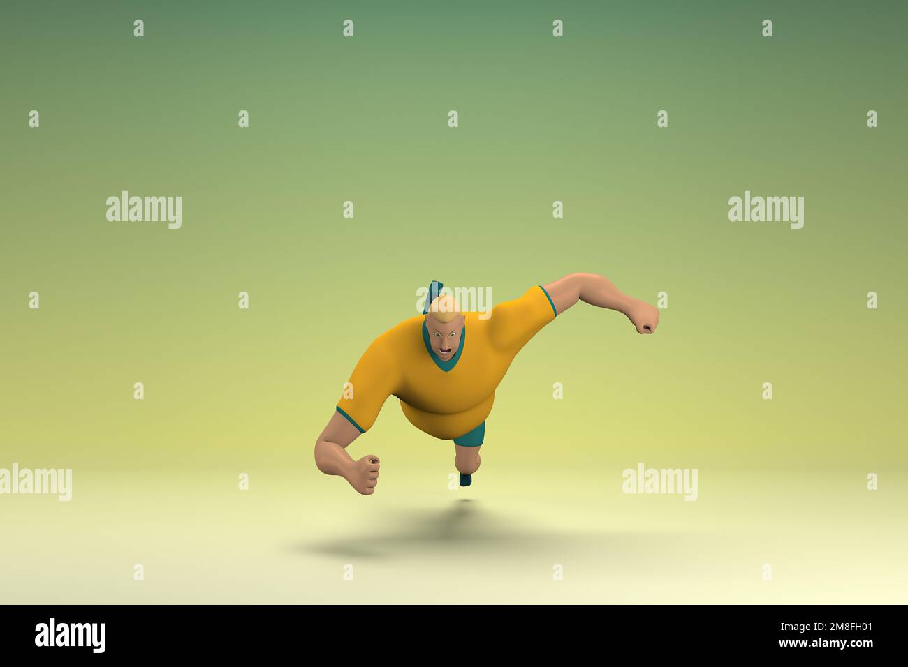 An athlete wearing a yellow shirt and green pants. He is falling down ...