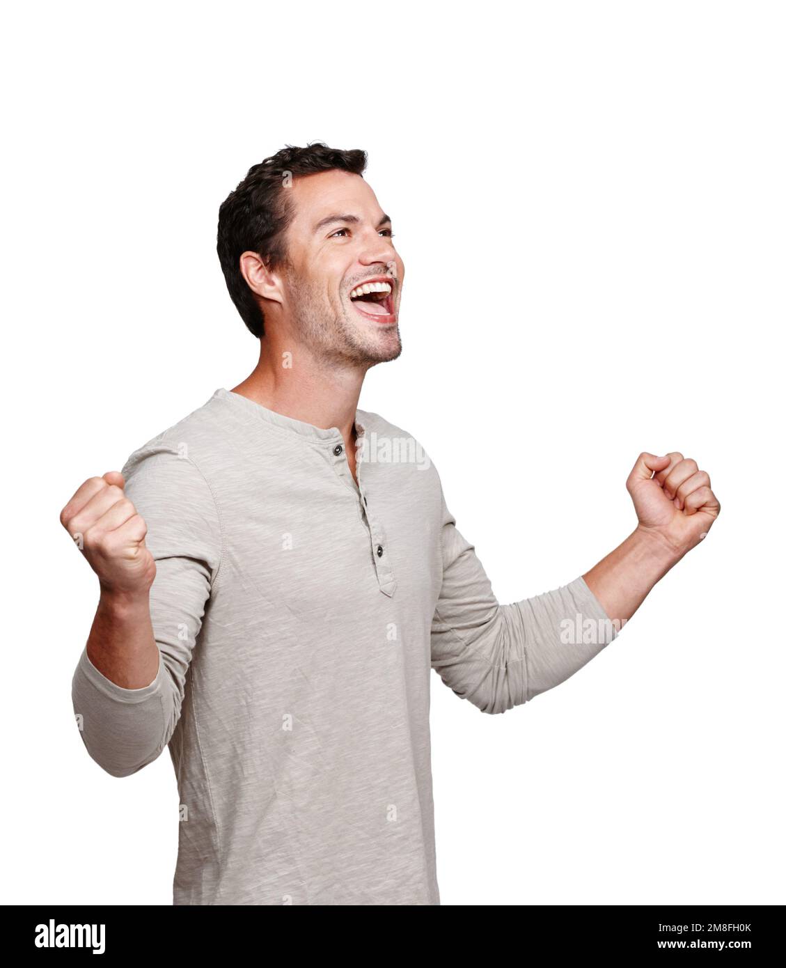 Happy, excited man and celebration for winning, discount or goal ...