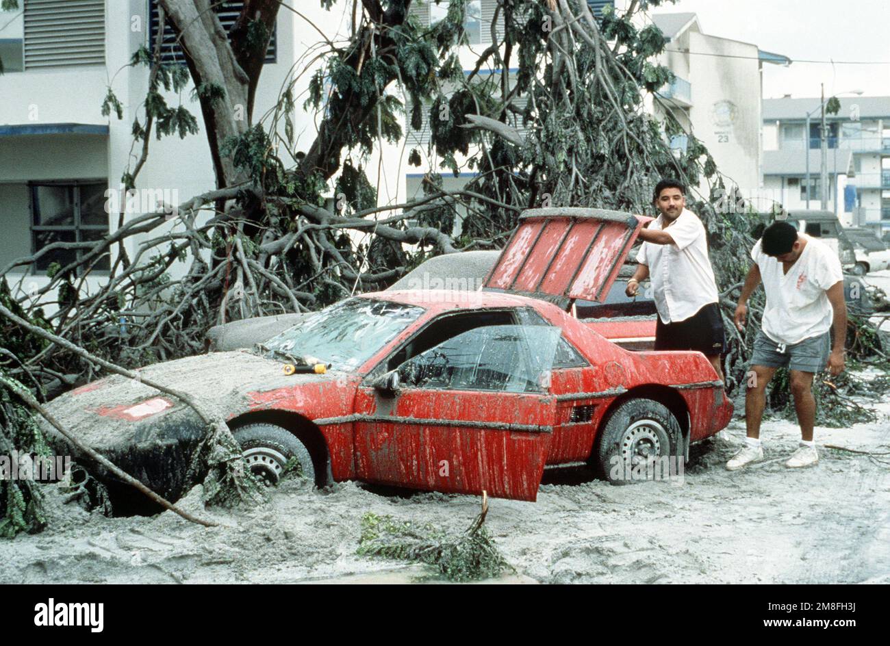 Sailors prepare to dig their car out from under ash and tree limbs in ...