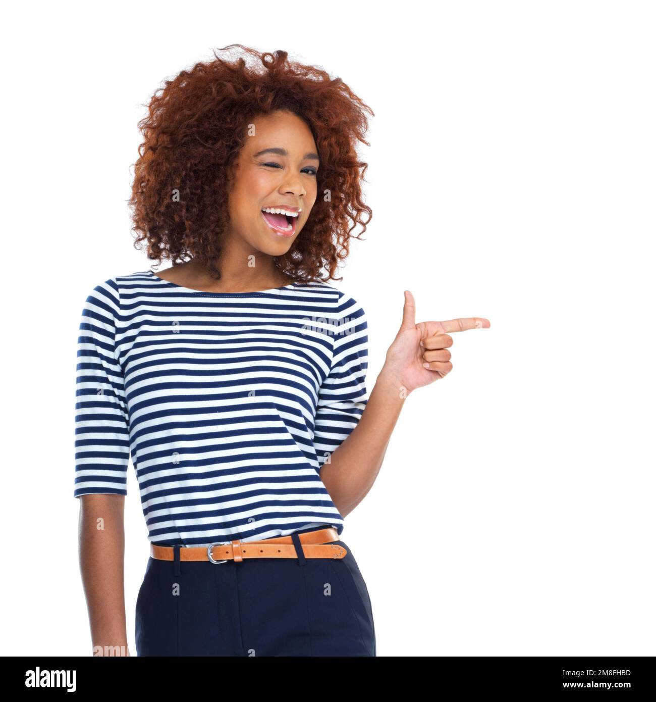 Woman portrait, wink and pointing at promotion, isolated advertising ...